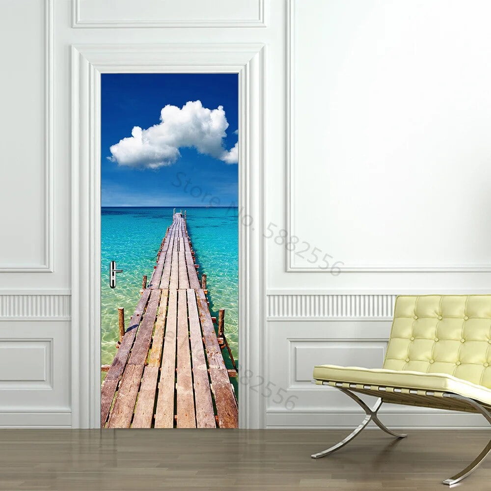Retro Scenery Door Stickers Imitation Wood Doors Wallpaper 3D Self ...