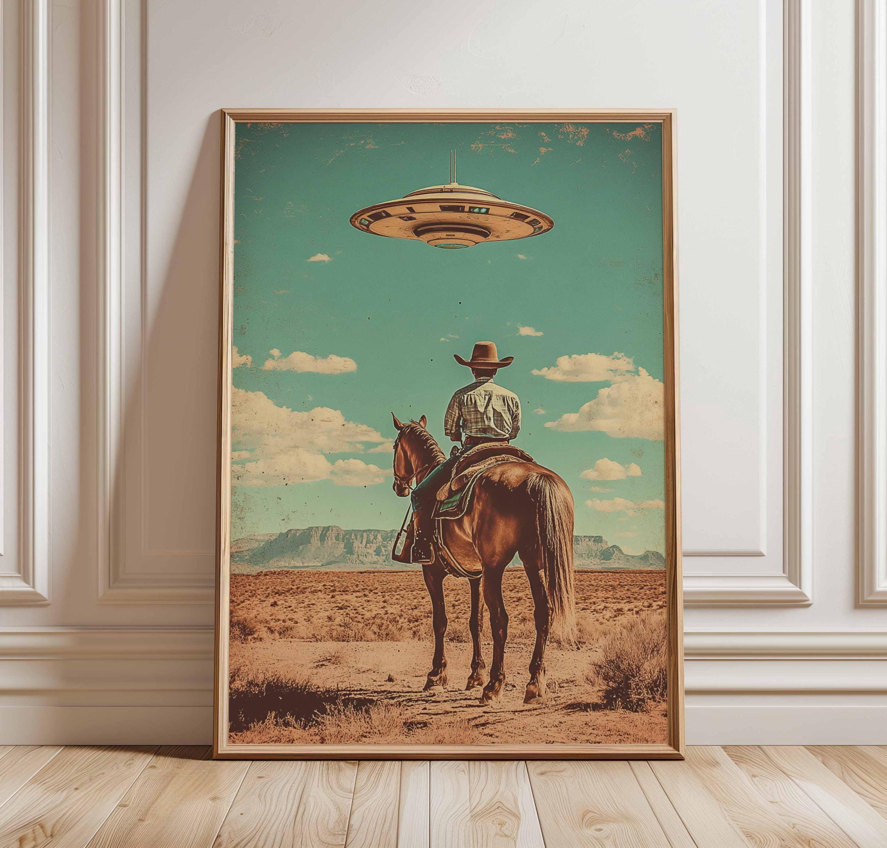 Retro Sci-Fi Cowboy Print, Vintage Western Wall Art, UFO and Horse ...