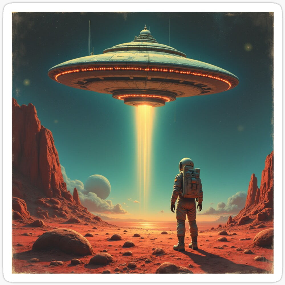 Retro Sci-Fi Encounter Astronaut Meets Ufo Sticker Phone Decal Water ...
