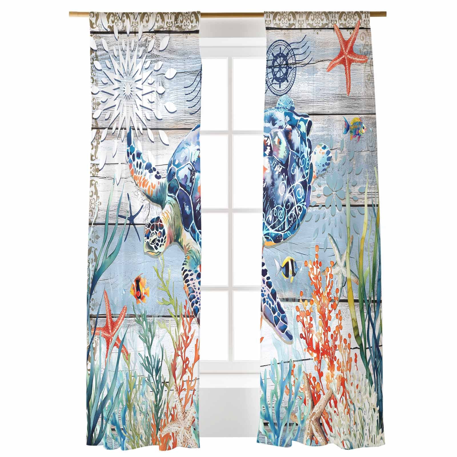Retro Sea Turtle Sheer Curtains 2 Panels Set, Starfish Coral Seaweed ...