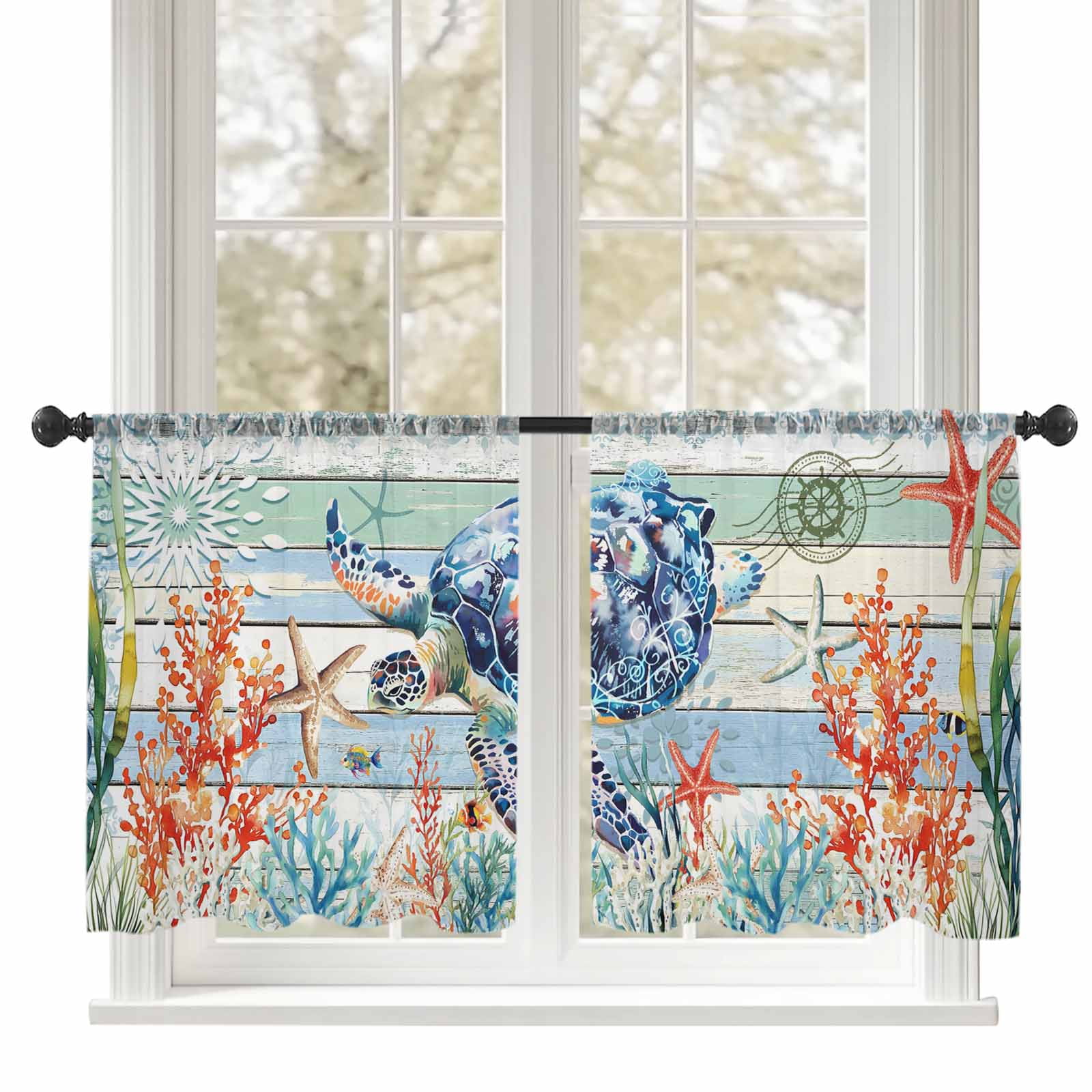 Retro Sea Turtle Sheer Curtains 2 Panels Set, Starfish Coral Seaweed ...