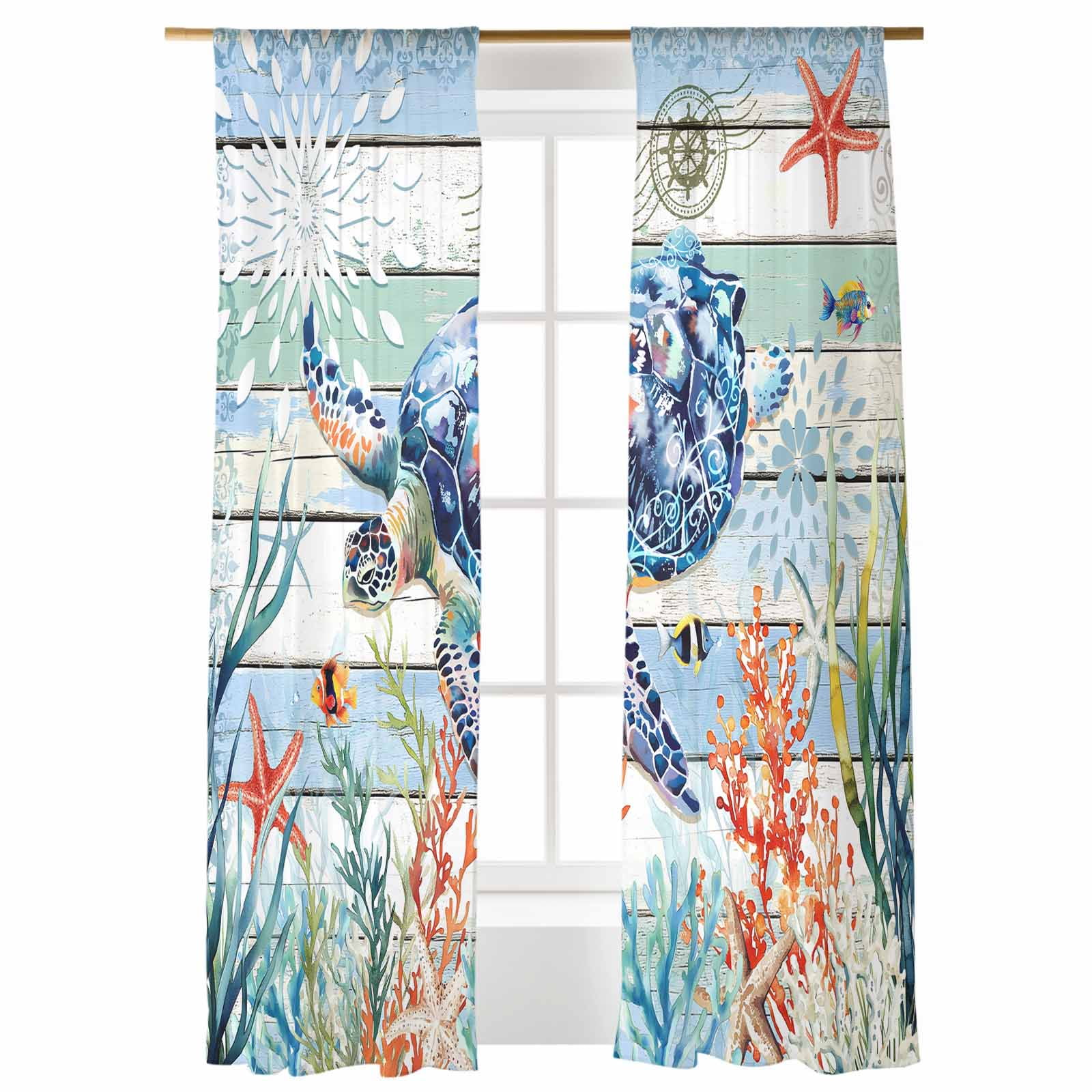 Retro Sea Turtle Sheer Curtains 2 Panels Set, Starfish Coral Seaweed ...
