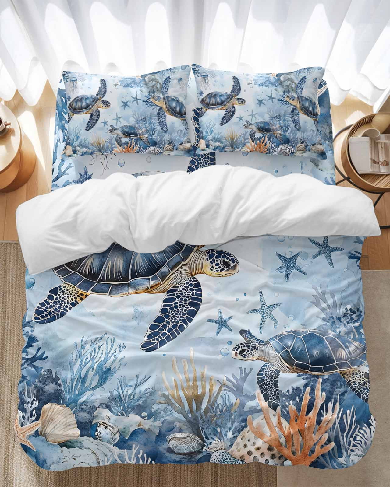 Retro Sea Turtles Bedding Duvet Cover Set Twin Size 4 Pieces Sea Stars ...