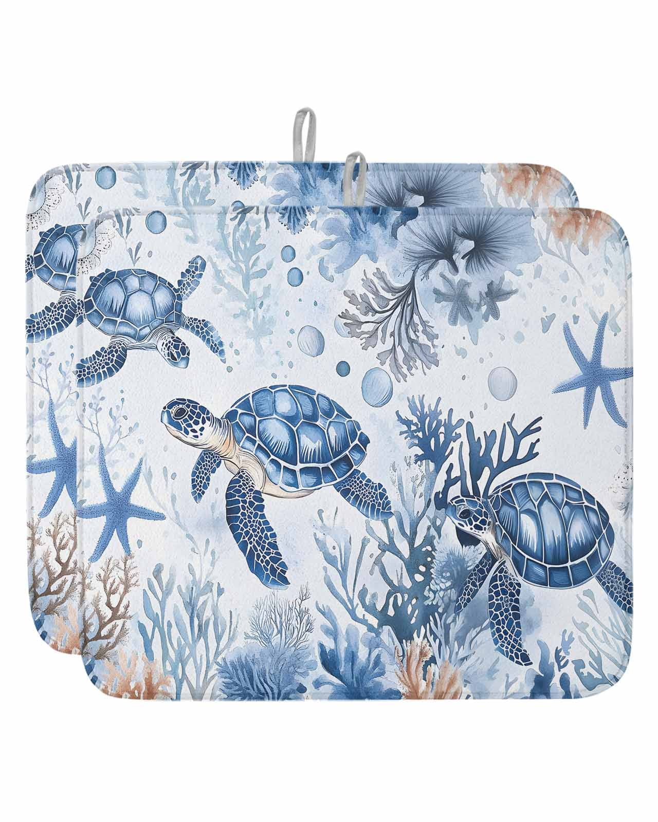 Retro Sea Turtles Dish Drying Mat 16x18 inch Jellyfish Sea Stars Corals ...