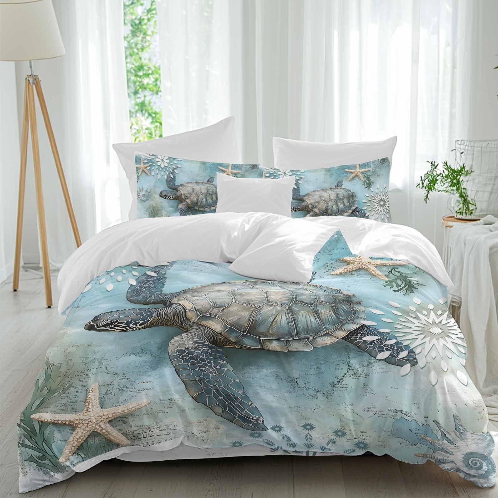 Retro Sea Turtles Duvet Cover Set Twin Size Oceans Sea Stars Corals ...