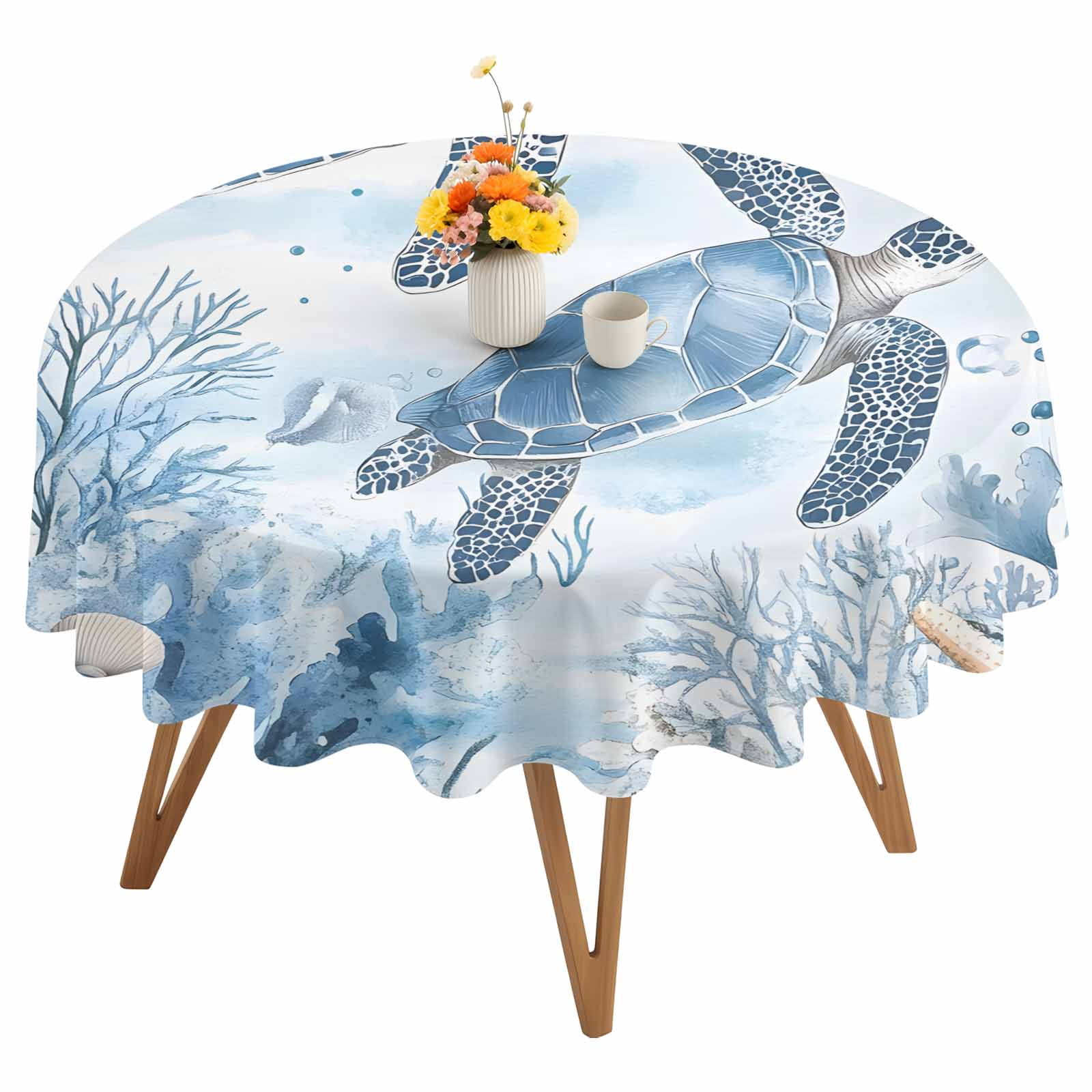 Retro Sea Turtles Round Tablecloth 60 inches Ocean Sea Star Corals ...