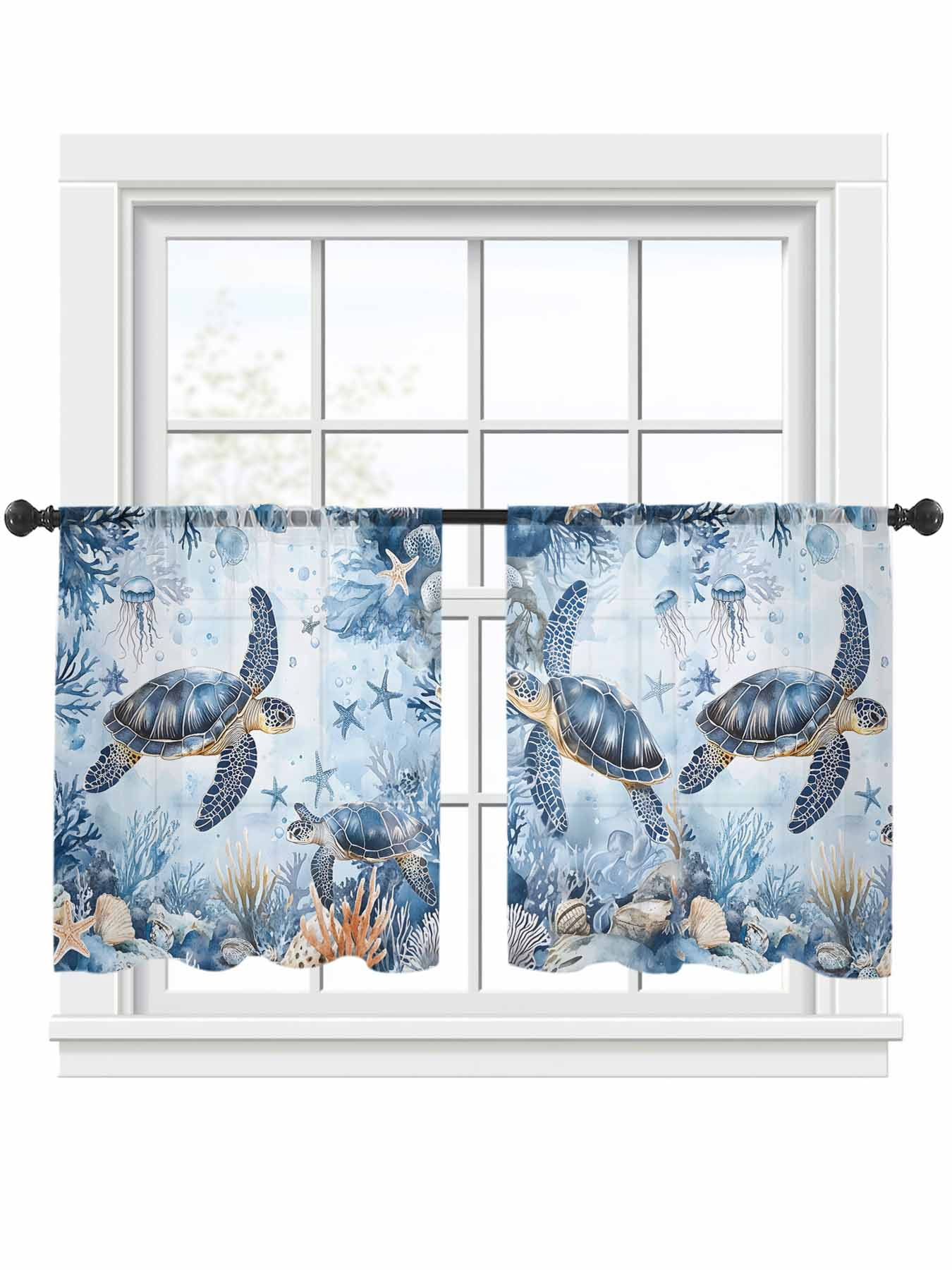 Retro Sea Turtles Sheer Curtains 45 inches Long 2 Panels Set Sea Stars ...