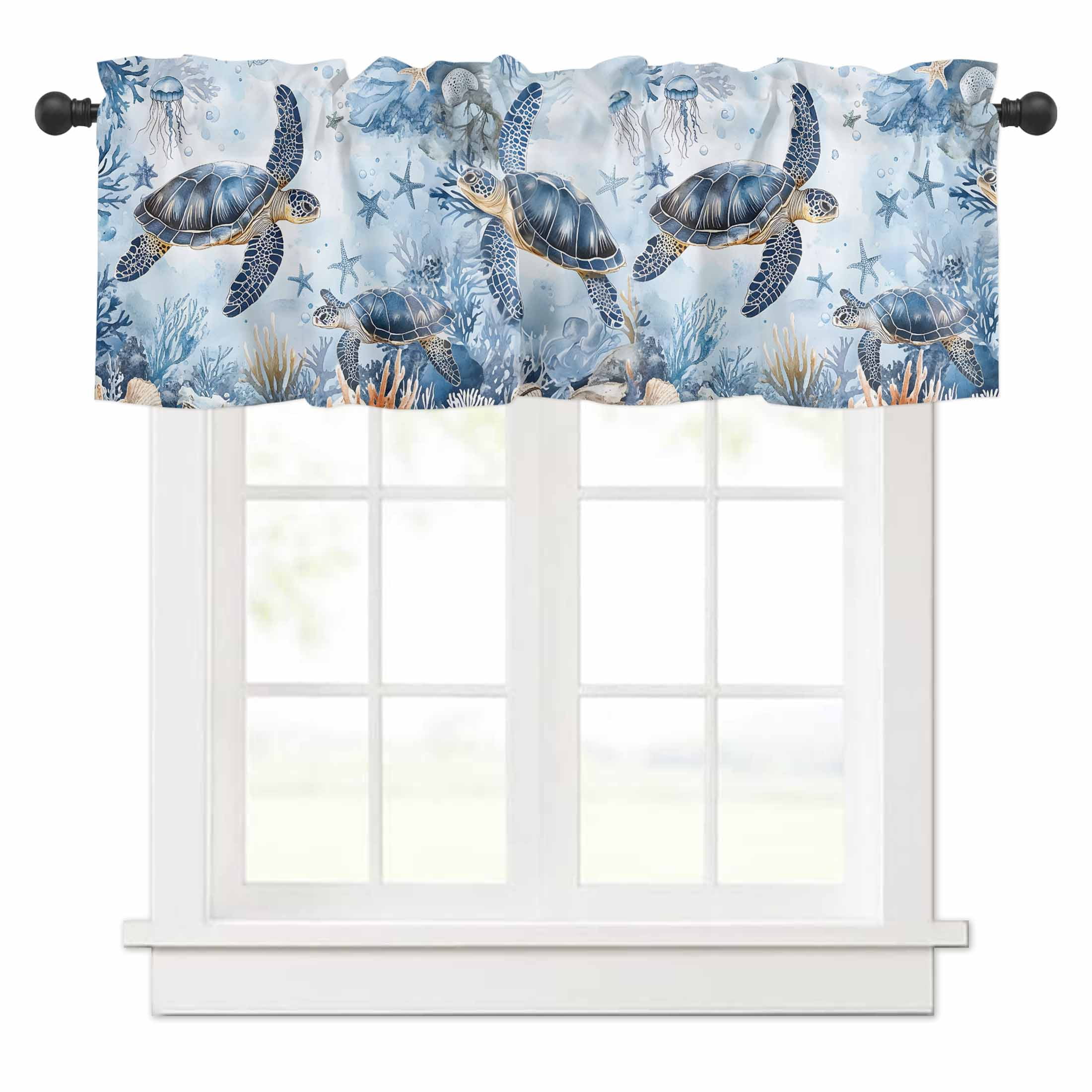 Retro Sea Turtles Valances for Windows Sea Stars Corals Ocean Animals ...