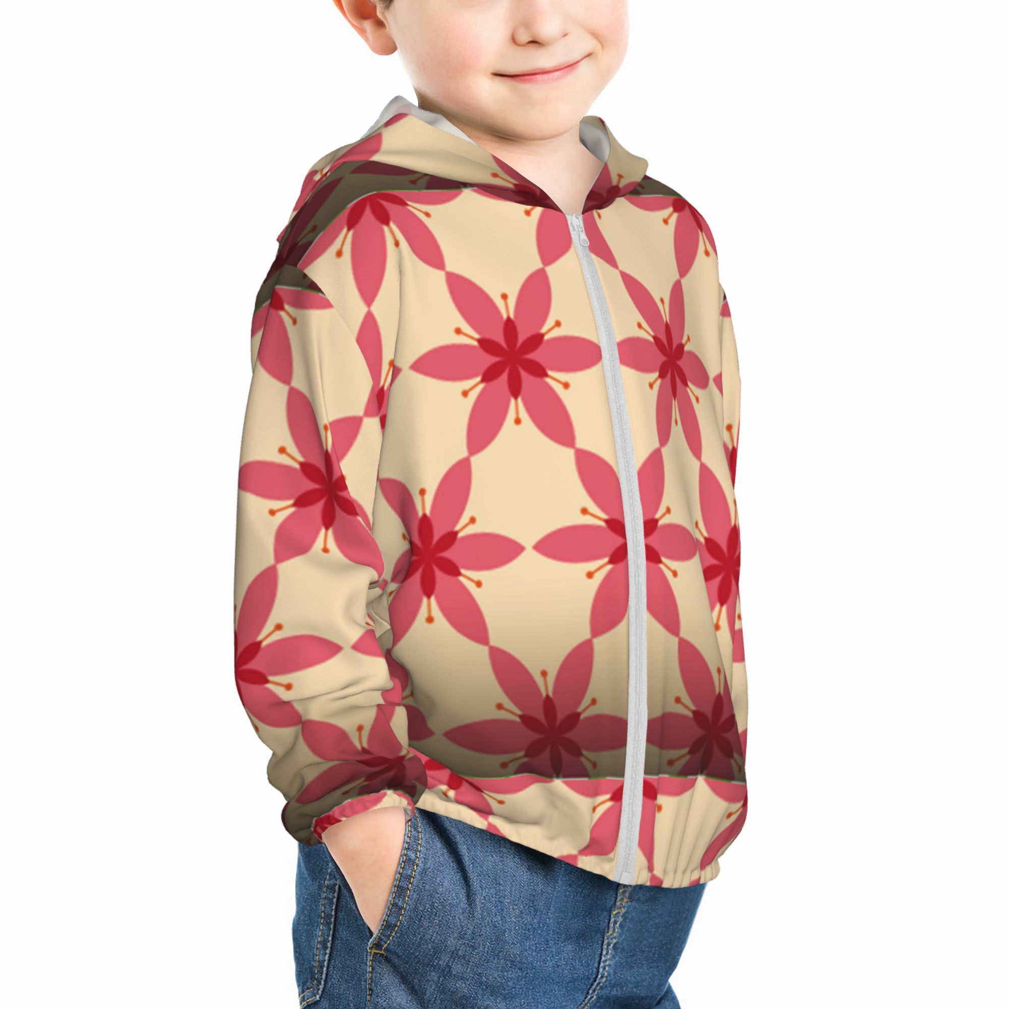 Retro Seamless Floral Pattern Kids Zip-Up Hoodie Girls Boys Sun Protection Jacket Hooded Cooling ...