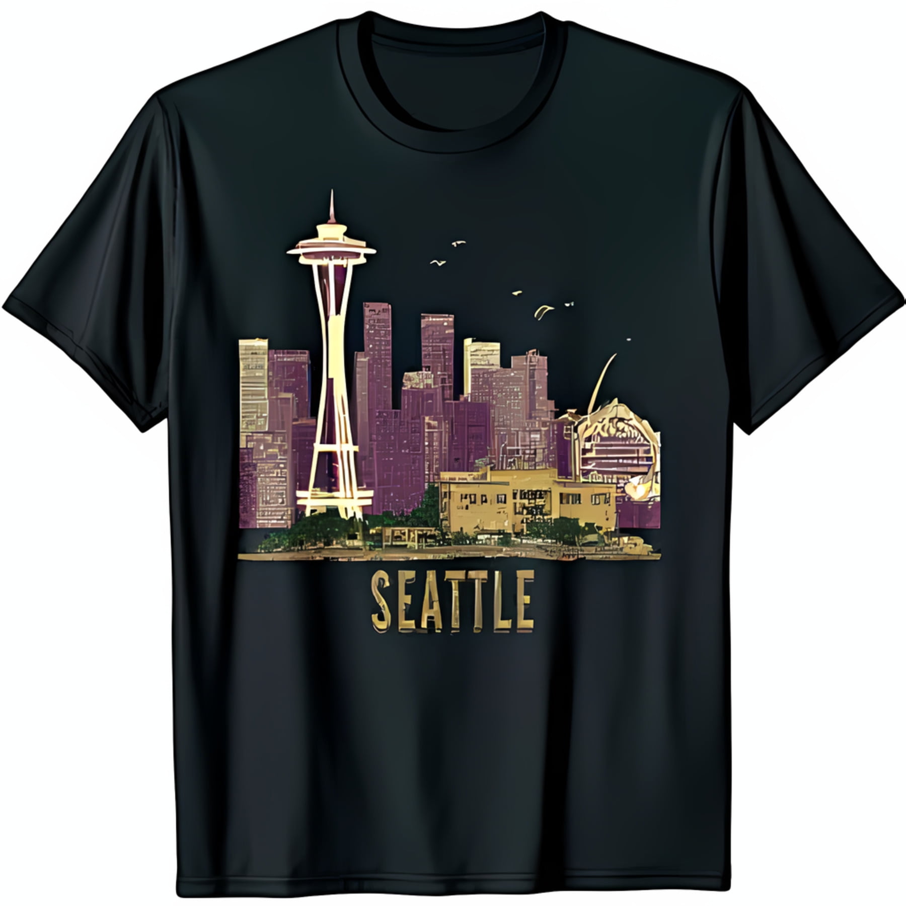 Retro Seattle Graphic T-Shirt Pixelated Space Design in & Gold on Black ...