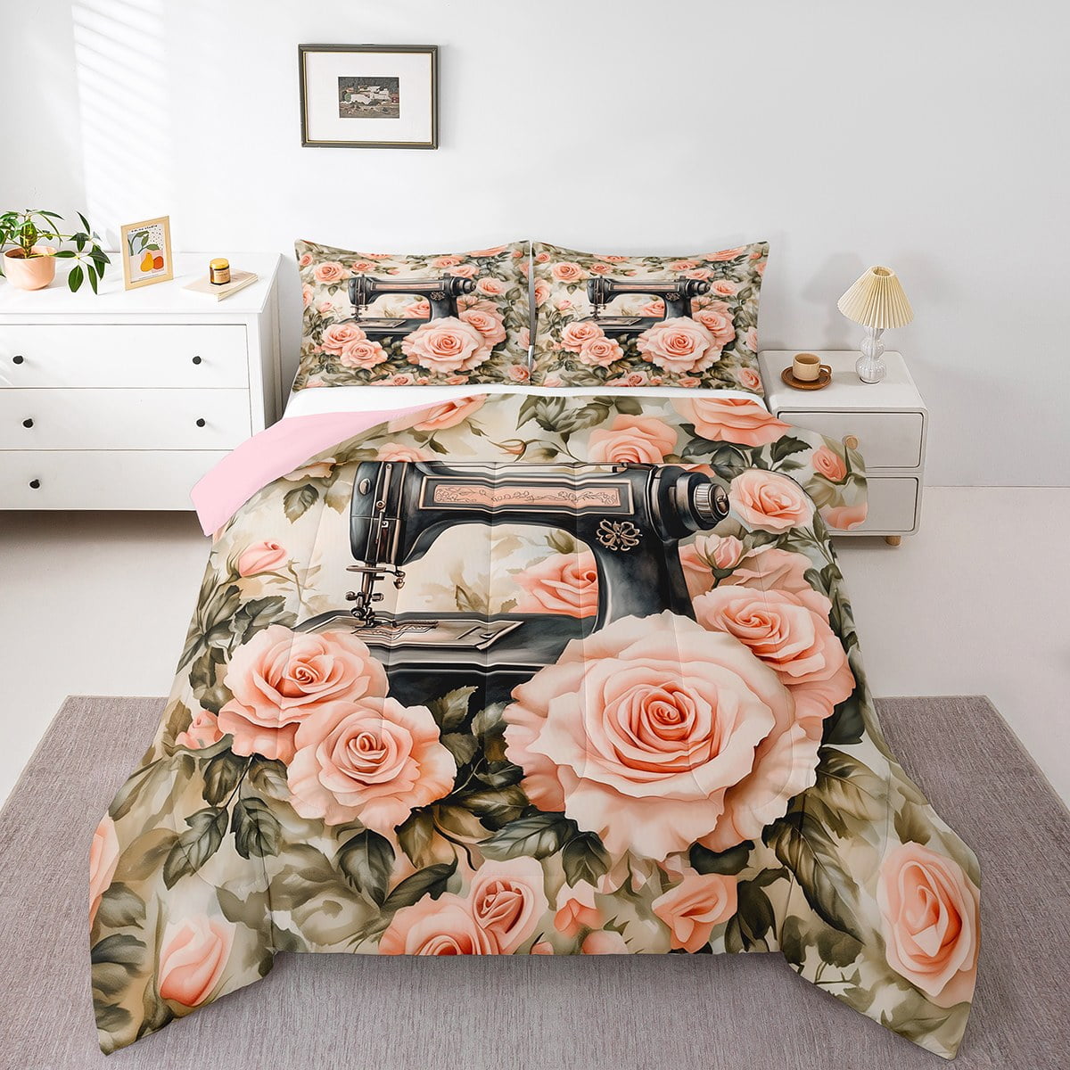 Retro Sewing Machine Comforter Set Full Size 3 Pcs,Blooming Pink Rose ...