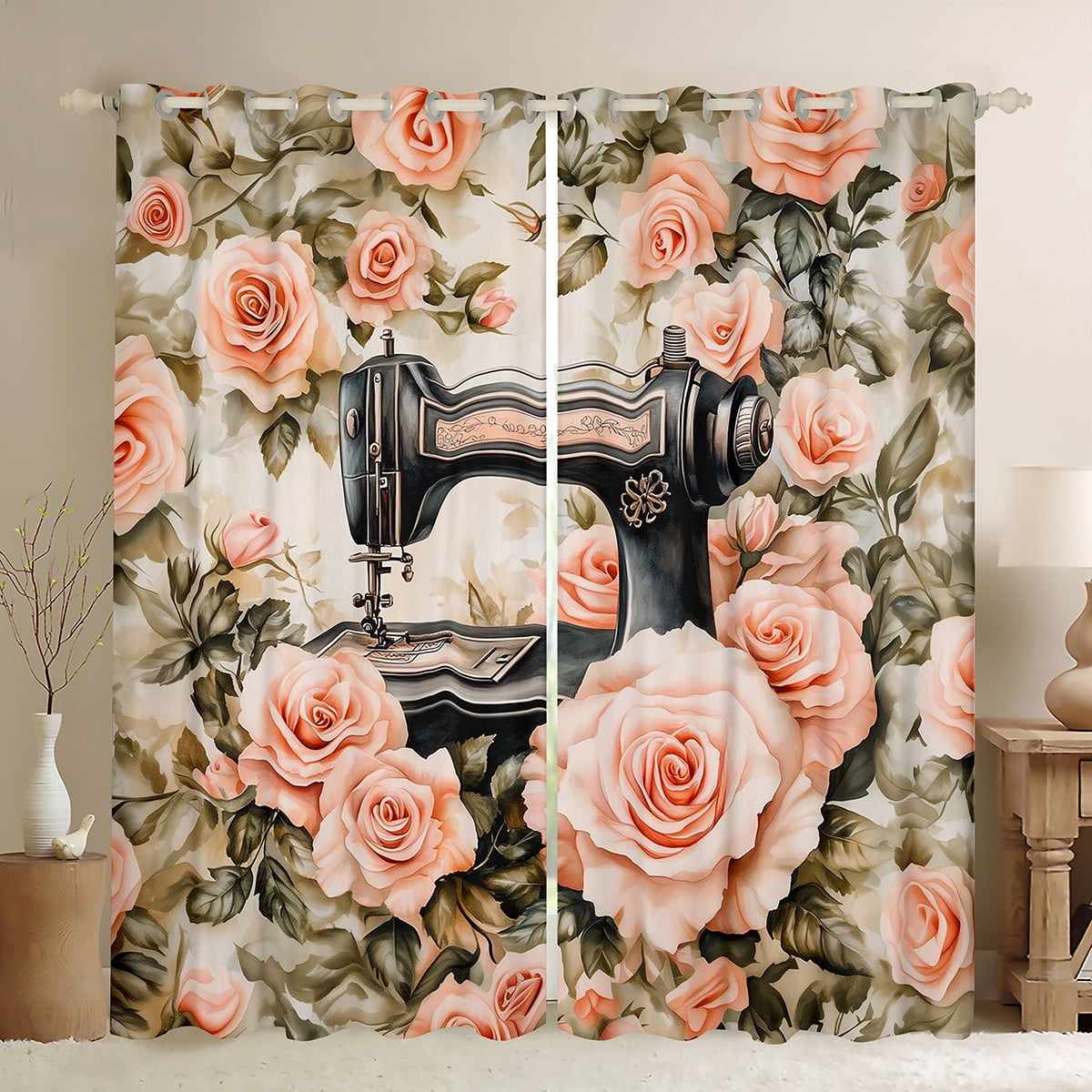 Retro Sewing Machine Window Curtains 2 Panels 52Wx63L Blooming Pink ...