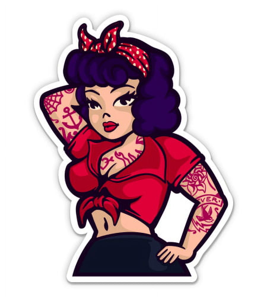Retro Sexy Girl Rock and Roll Tattoo - 5" Vinyl Sticker - For Car ...