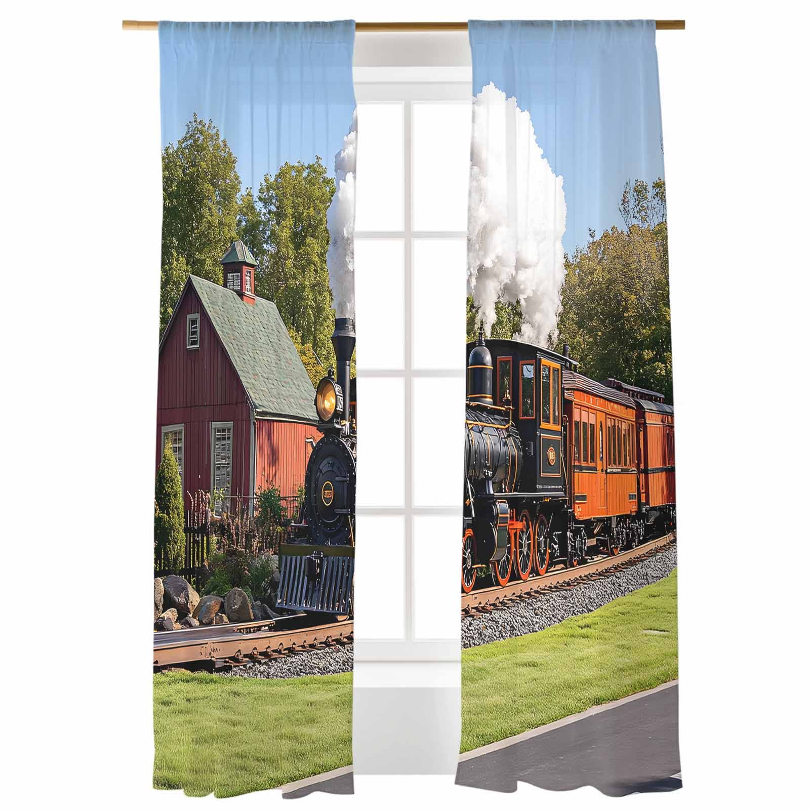 Retro Sheer Curtains 108 inches Long 2 Panels Set Train Motor Vehicle ...