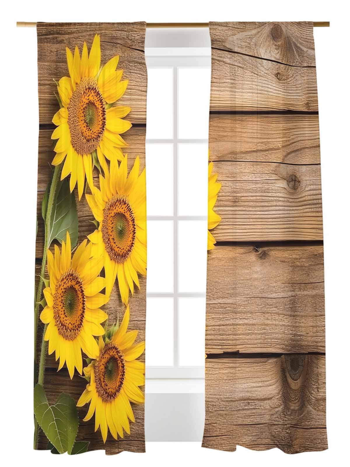 Retro Sheer Curtains 84 inches Long 2 Panels Set Sunflowers Rustic Wood ...