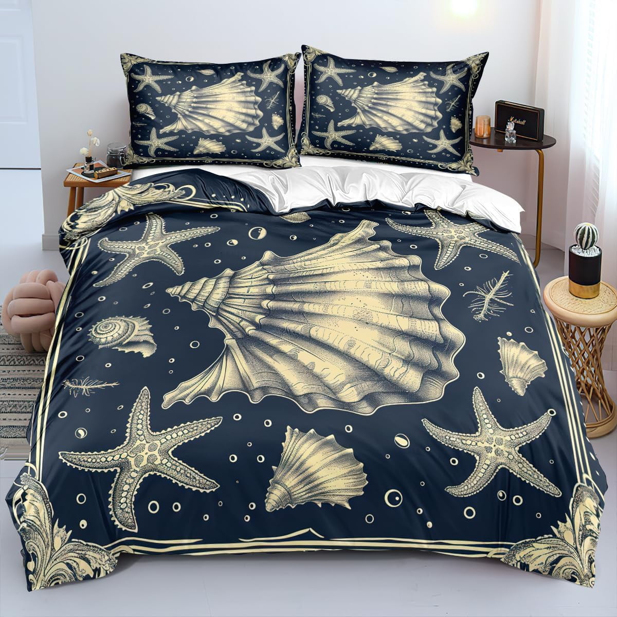 Retro Shell Duvet Cover Sea Starfish Conch Bedding Set Vintage ...