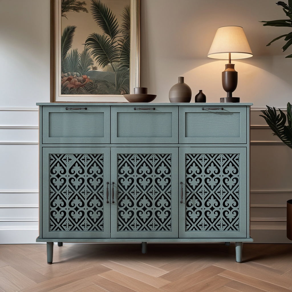 Retro Sideboard Buffet Cabinet with 3 Doors and 3 Drawers, Accent ...