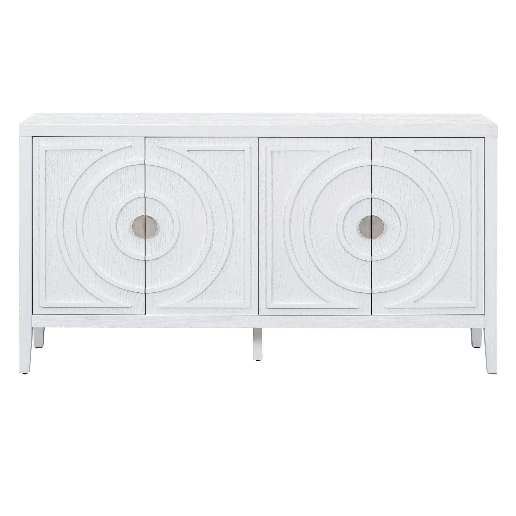 Retro White Sideboard with Circular Groove Design & Round Metal Handles ...