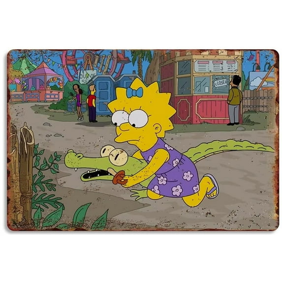 Retro The Simpsons Metal Poster Maggie Simpson Plays With Crocodiles ...
