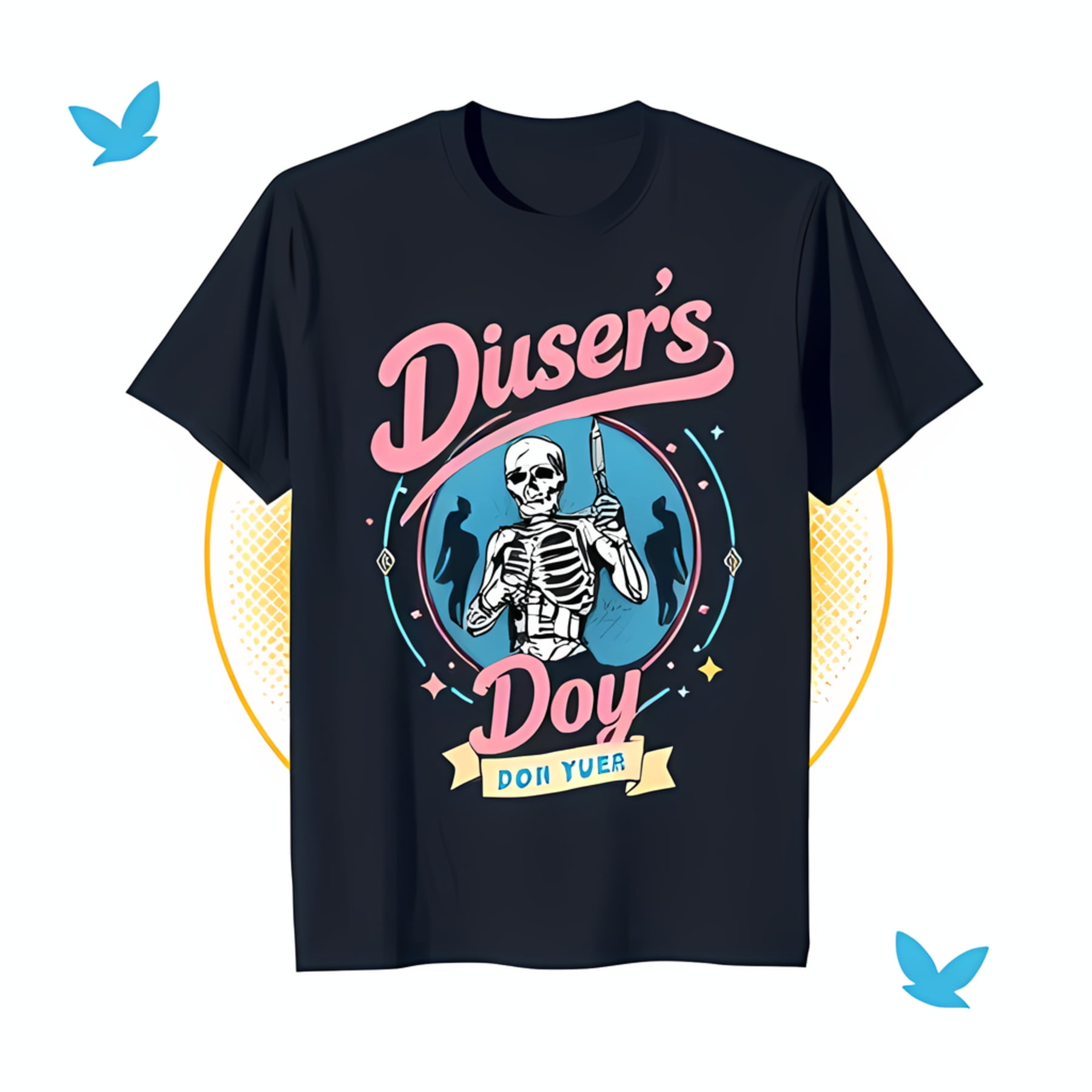 Retro Skeleton Graphic T-Shirt with Dark Humor 'Disuer's Doy Don Yuer ...