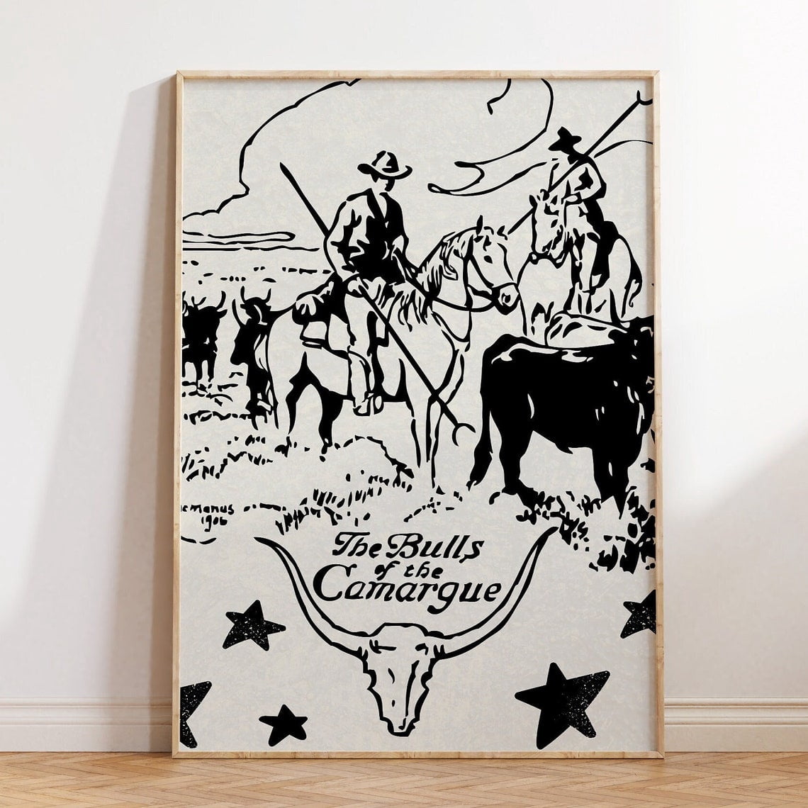 Retro Sketch Print Vintage Western Wall Art Bull Poster Wild West Home ...