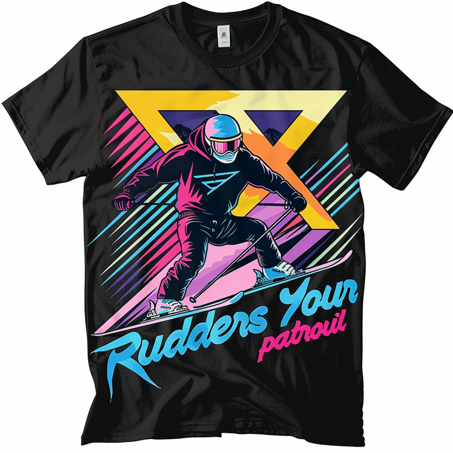 Retro Ski Patrol: Synthwave Skier & Triangle Design on Black Tee 80s ...