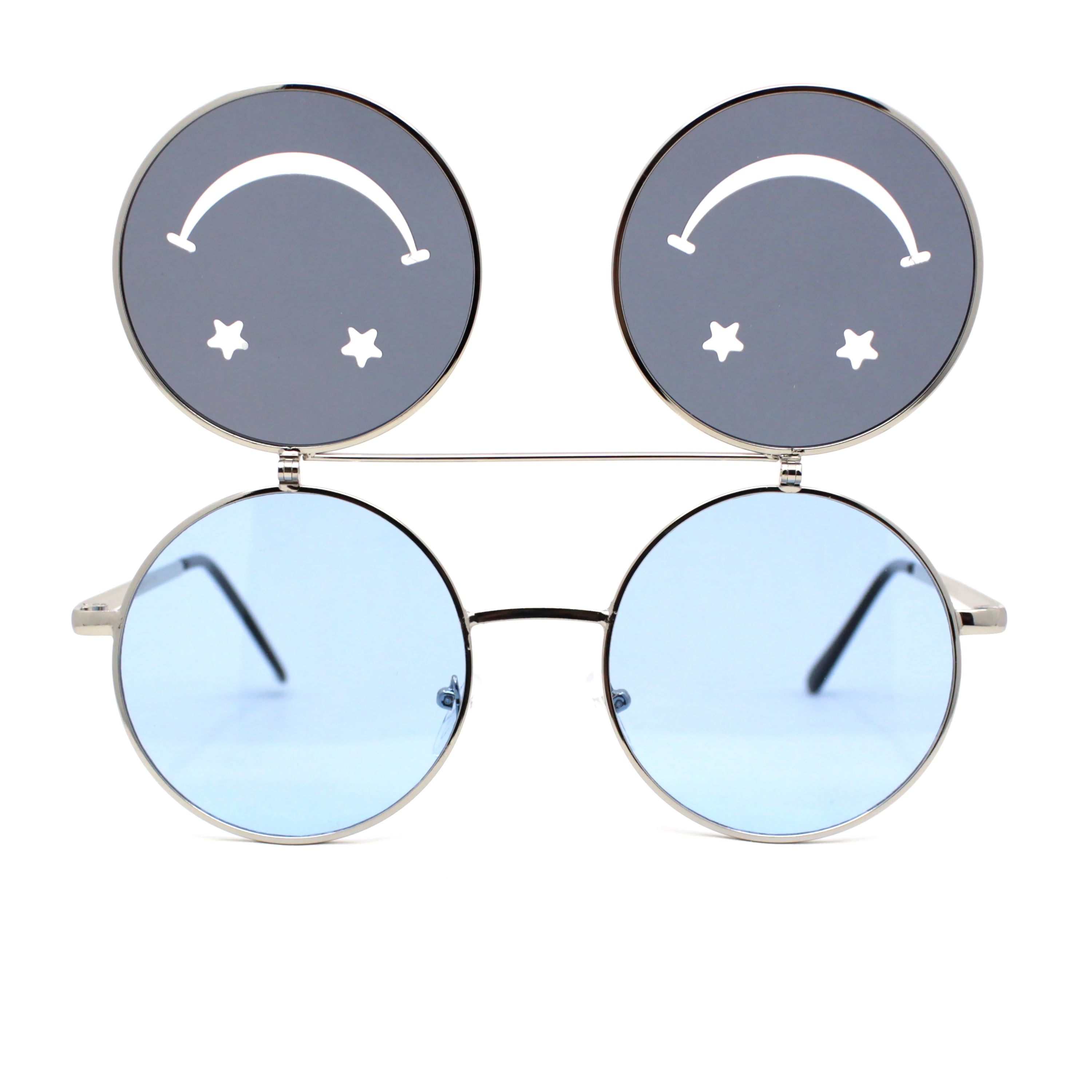 Retro Smiley Face Double Flip Up Round Circle Lens Hippie Sunglasses ...