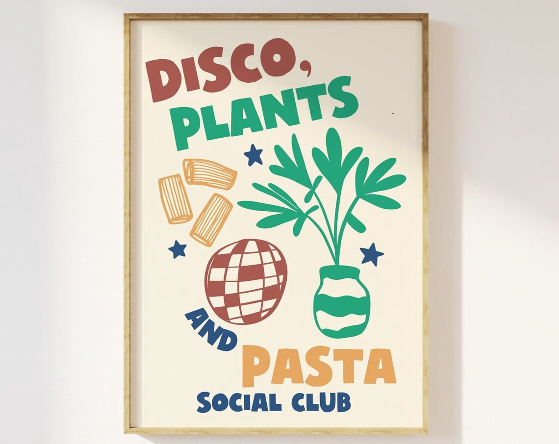 Retro Social Club Print, Disco Plants And Pasta Social Club Poster ...