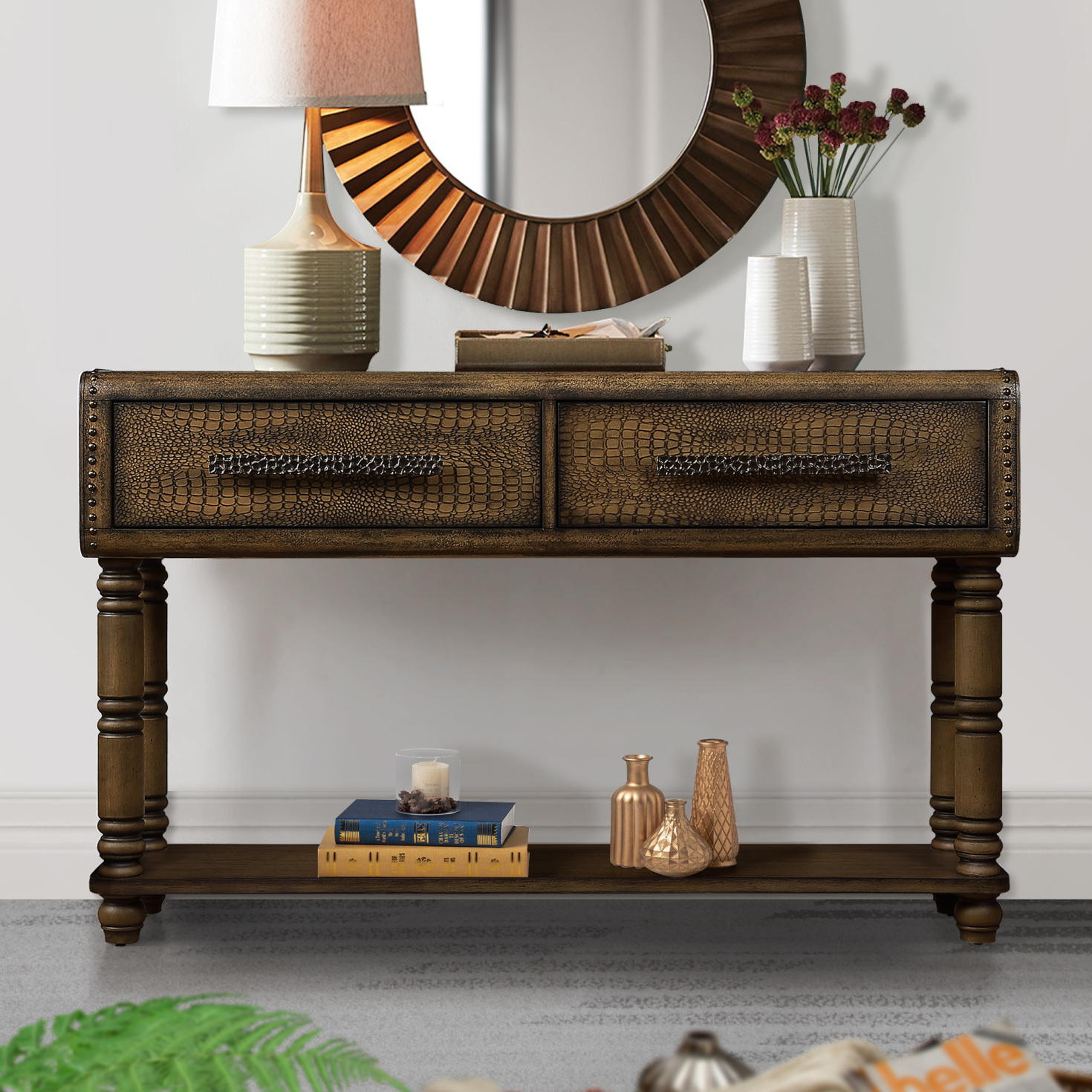 Retro Sofa Table, 54" Wood Console Table with 2 Power Outlets and 2 USB ...