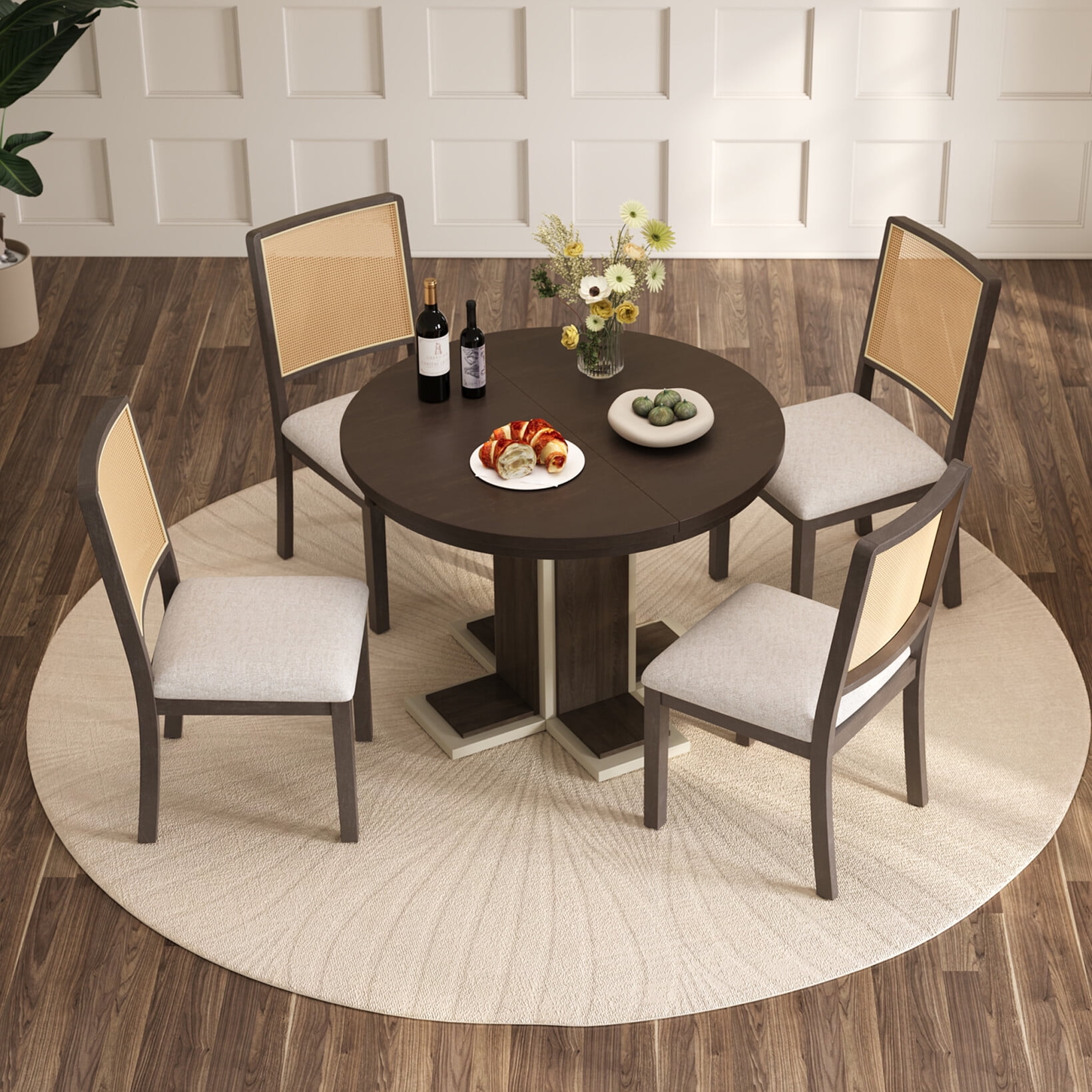 Retro Solid Wood Extendable Round Dining Table Set with 16-inch Leaf ...