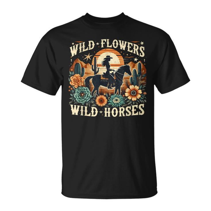 Retro Southern Sunset Cowgirl Wild Flowers Wild Horses T-Shirt Vintage ...