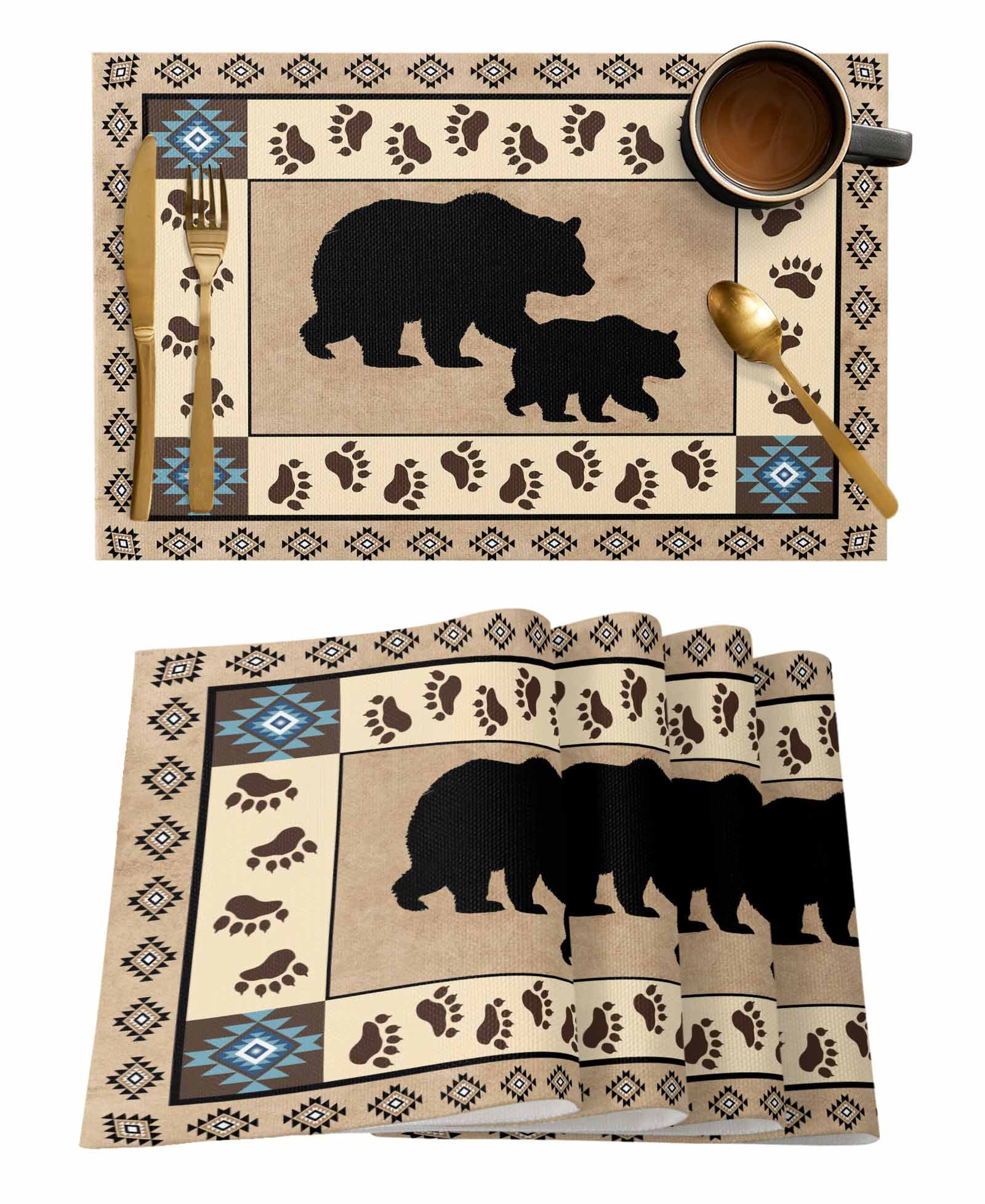 Retro Southwest Bear Placemats Set of 12 Classic Brown Retro Art Heat ...