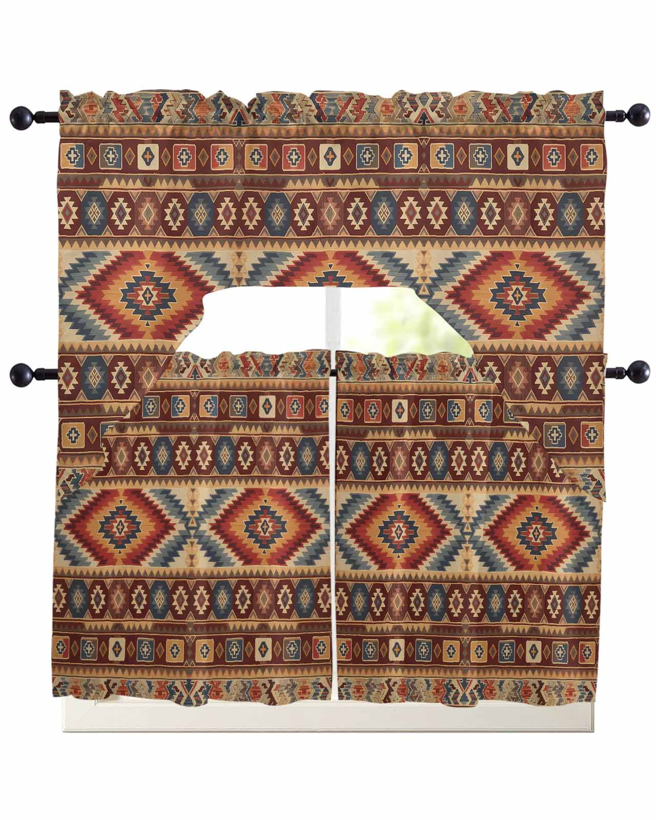 Retro Southwest Kitchen Curtains Sets 24 Inch Length with Valance, Boho ...