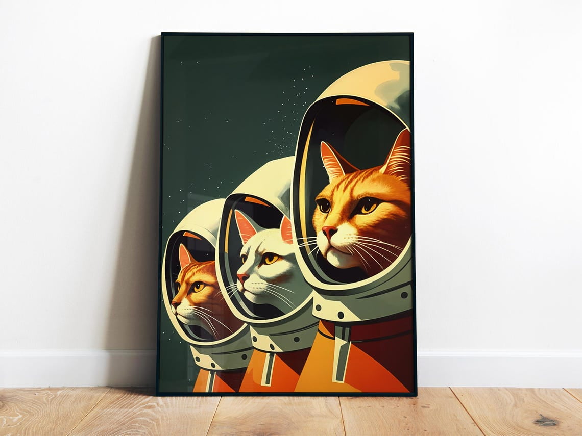 Retro Space Cats Print Astronaut Cat Poster Soviet Space Print Funny Animal Art Nasa Cosmic Art ...