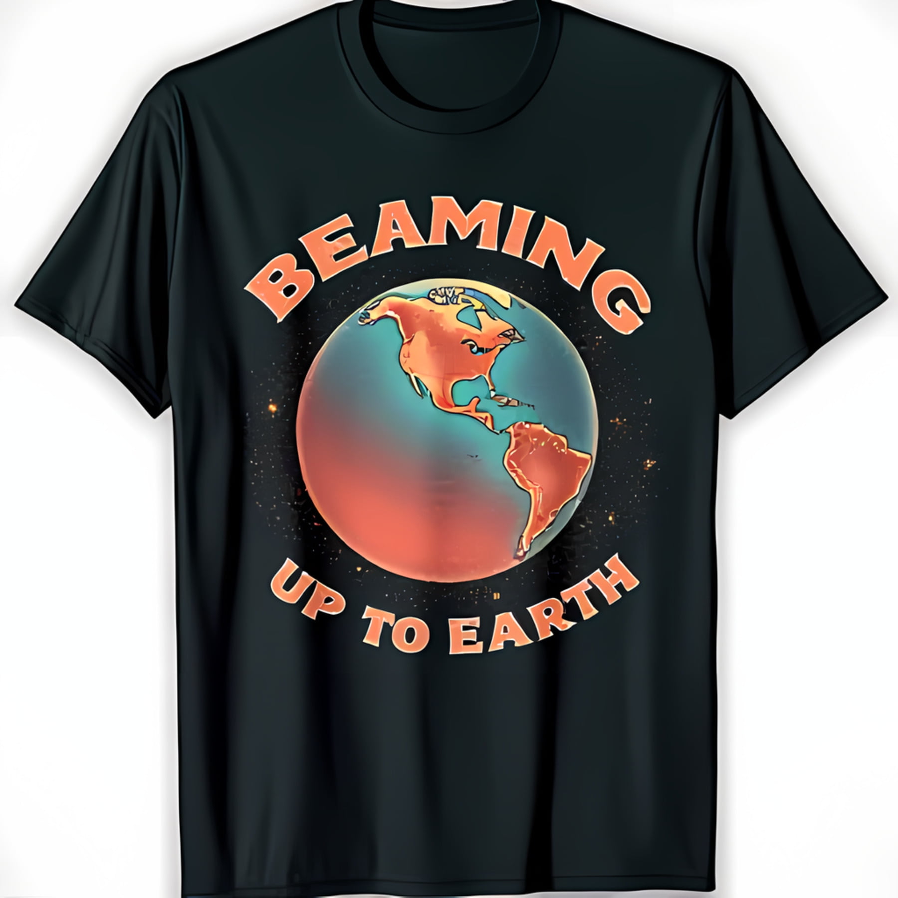 Retro Space Themed Black T-Shirt with Earth Graphic & 'Beaming Up To ...