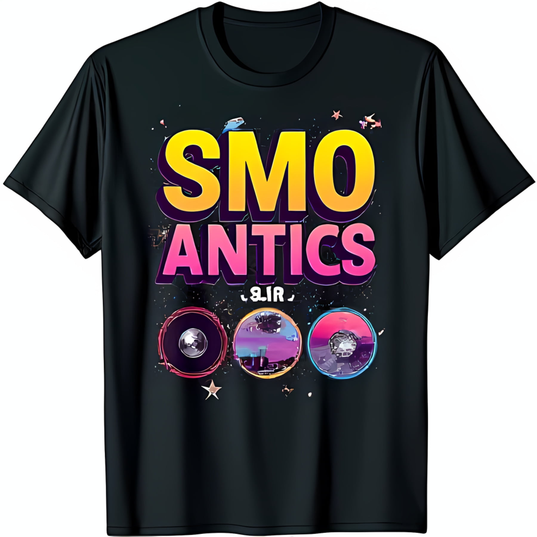Retro Space Themed Black T-Shirt with SMO ANTICS Graphic & Colorful Record Designs - Walmart.com