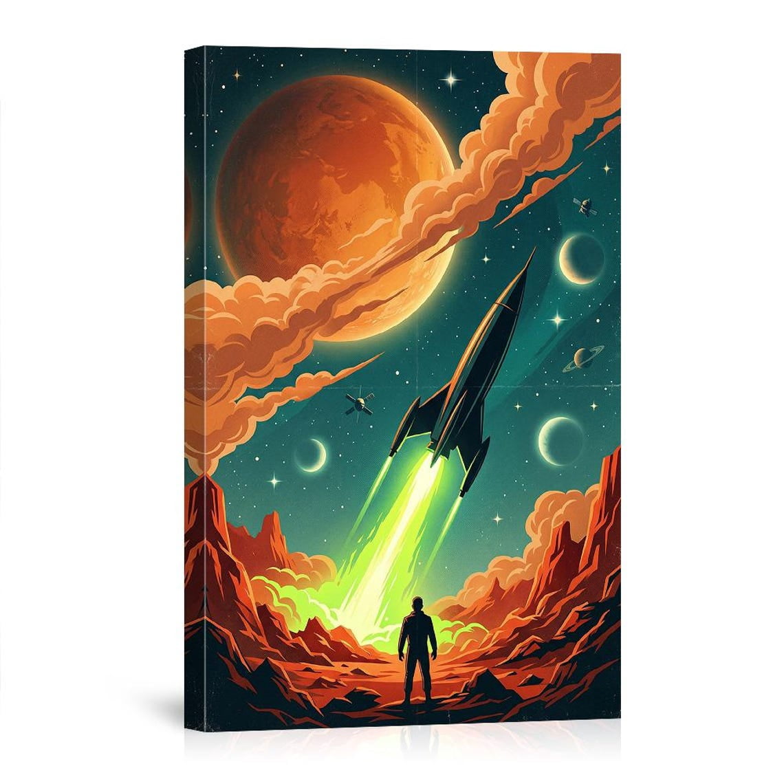 Retro Space Travel Vintage Sci-Fi Martian Landscape Mid-Century Rocket ...
