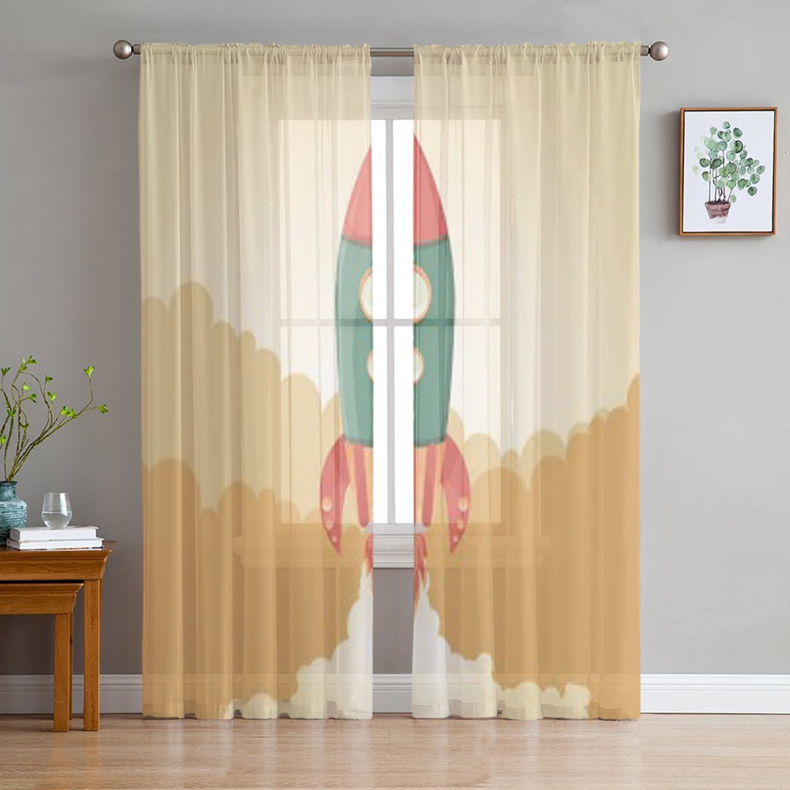 Retro Spaceship Poster Template Chiffon Sheer Curtains for Living Room ...