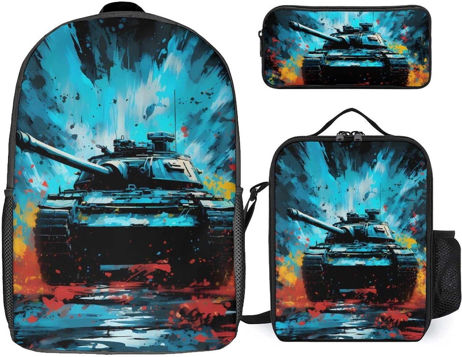 Retro Splash Art Tank 3Pcs Backpack Set 17 Inch Laptop Backpack Travel ...