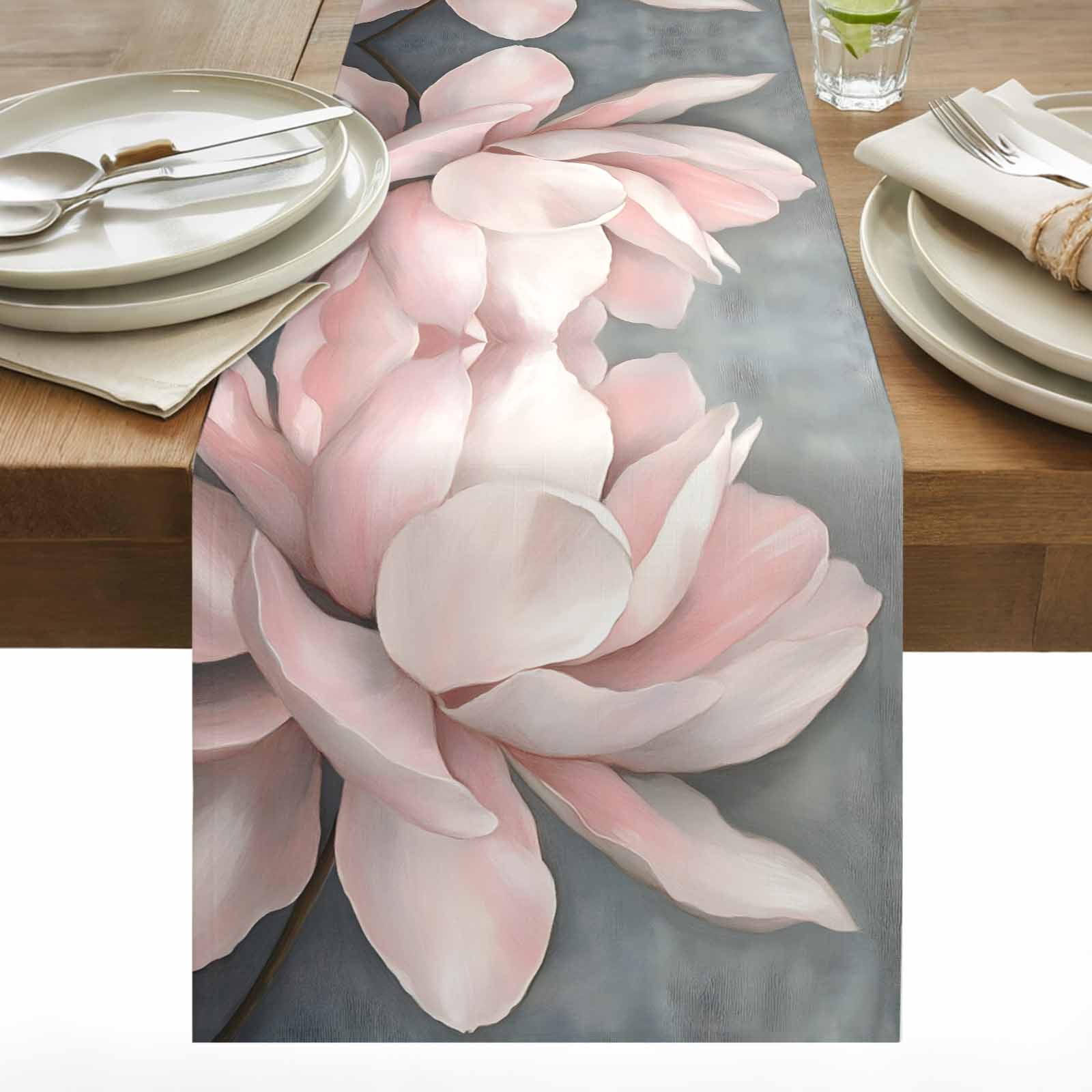 Retro Spring Floral Cotton Linen Table Runner Watercolor Pink Lotus ...