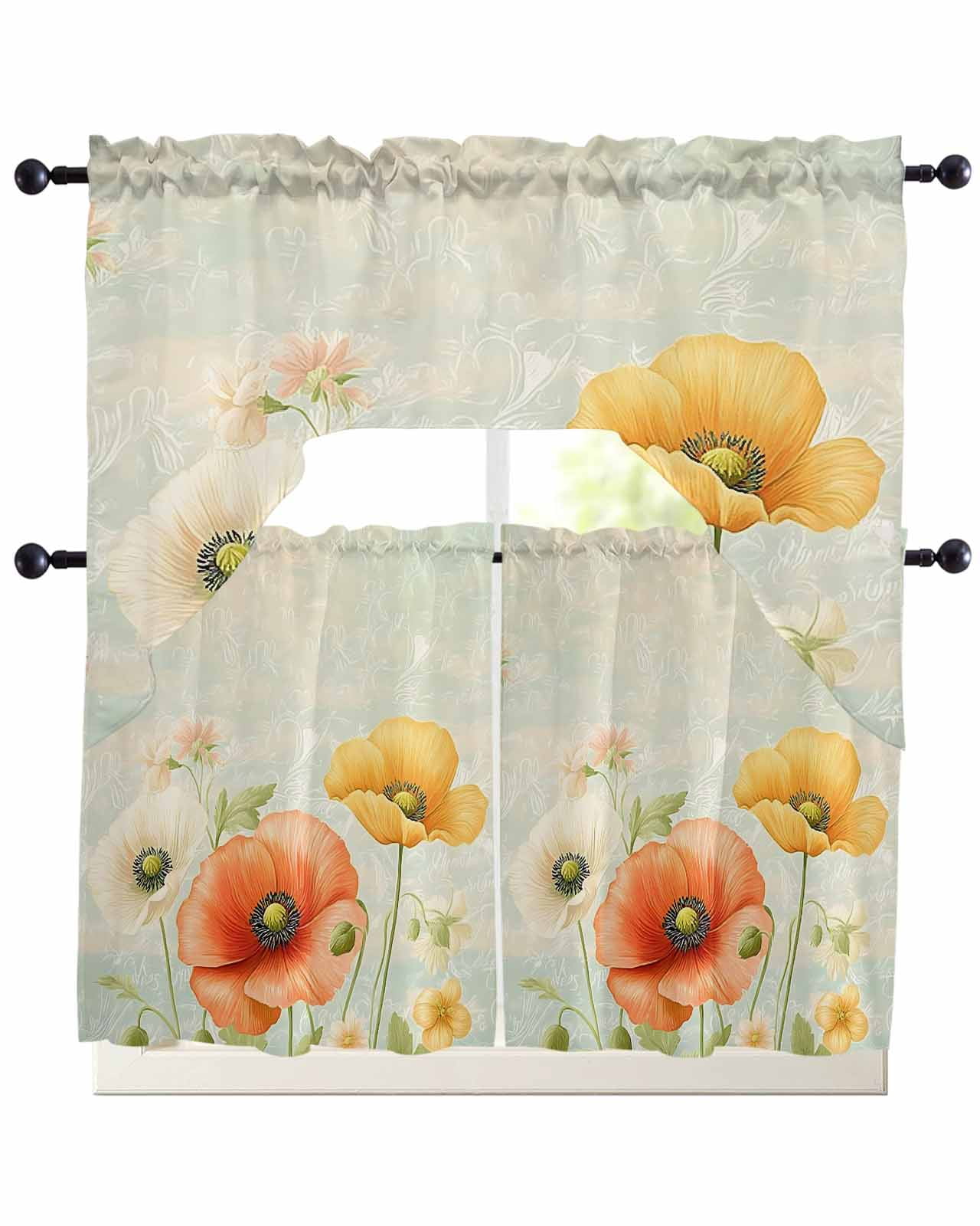 Retro Spring Floral Kitchen Curtains Sets 24 Inch Length with Valance ...