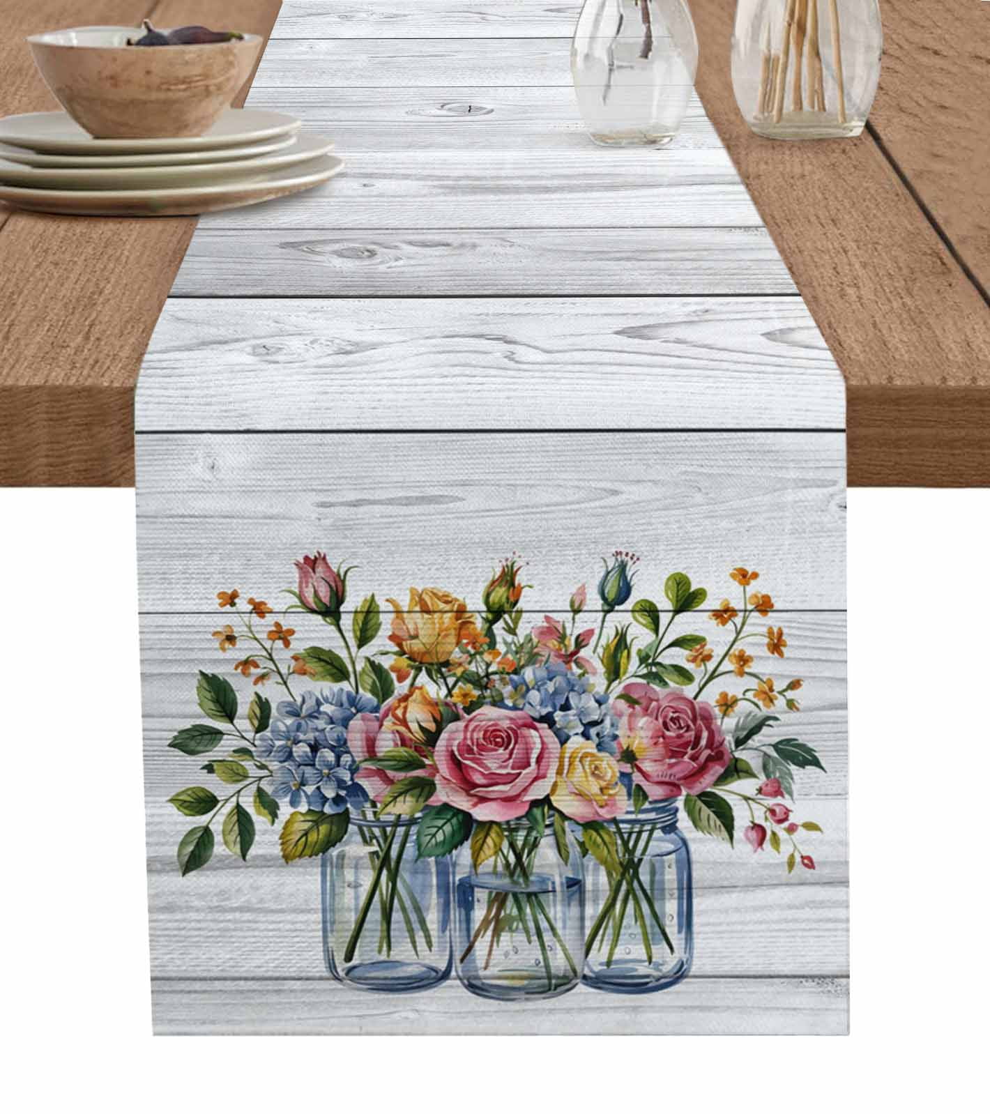Retro Spring Floral Table Runner 48 Inches, Vintage Watercolor Flowers ...