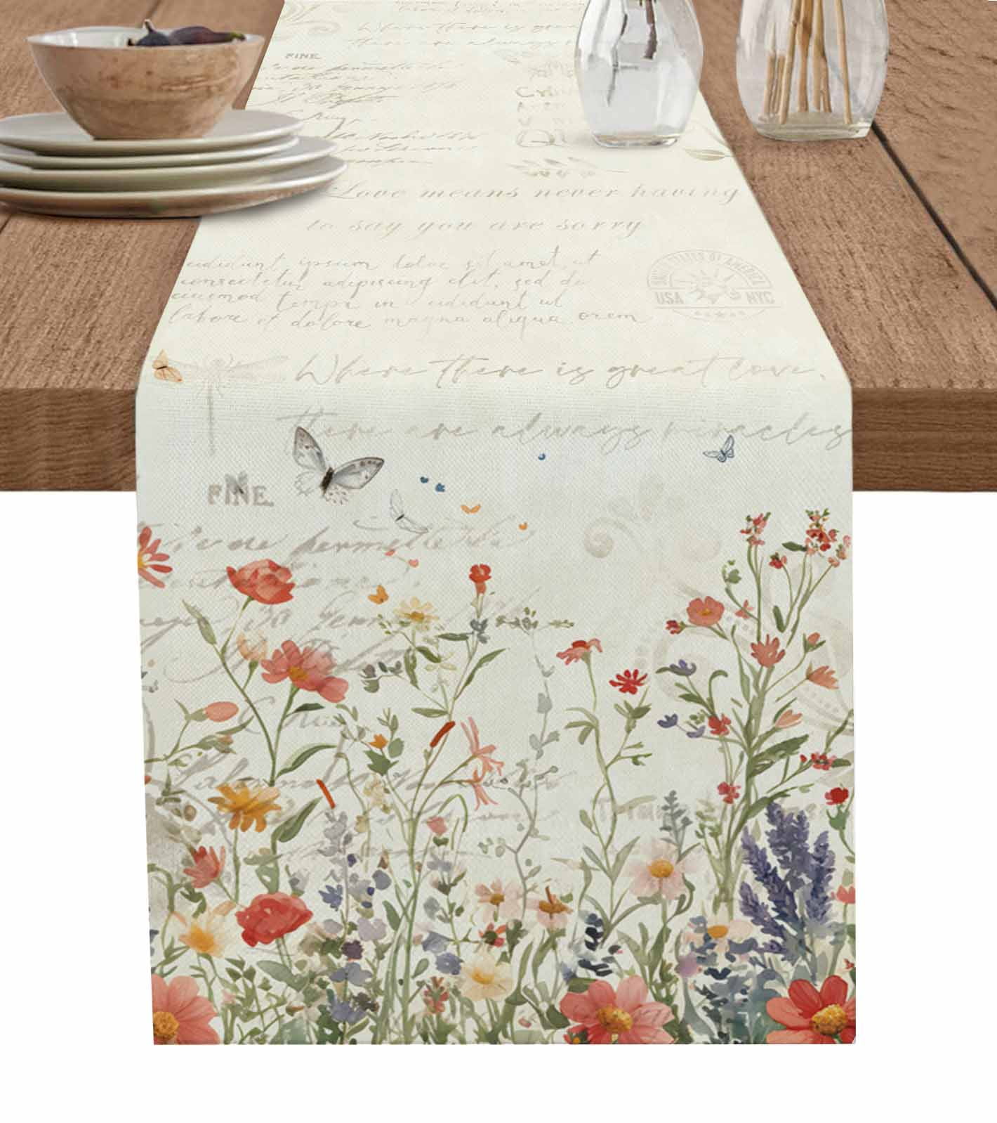 Retro Spring Floral Table Runner Botanical Colorful Summer Butterfly ...