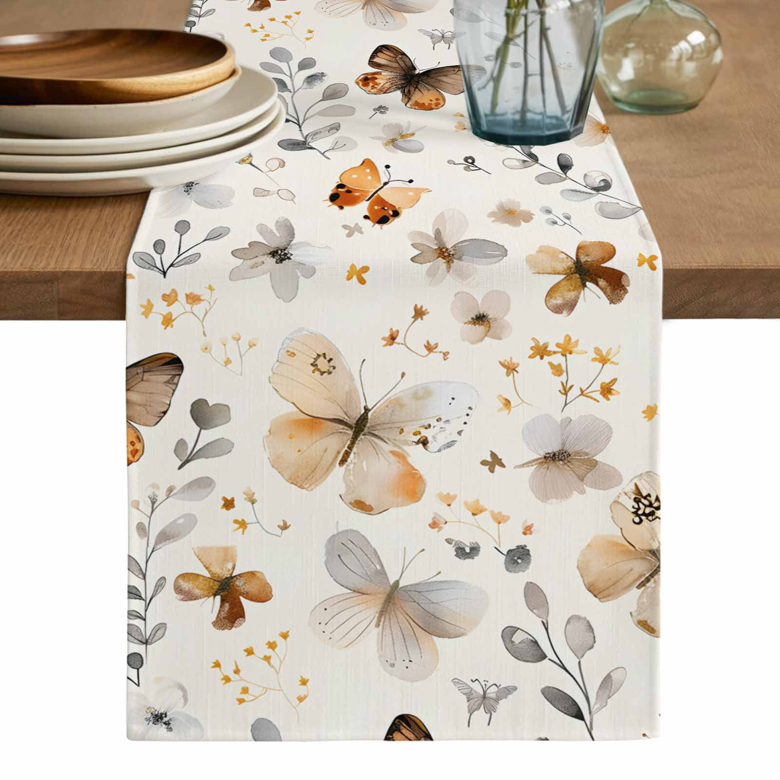 Retro Spring Floral Table Runner, Brown Butterfly Botanical Washable ...