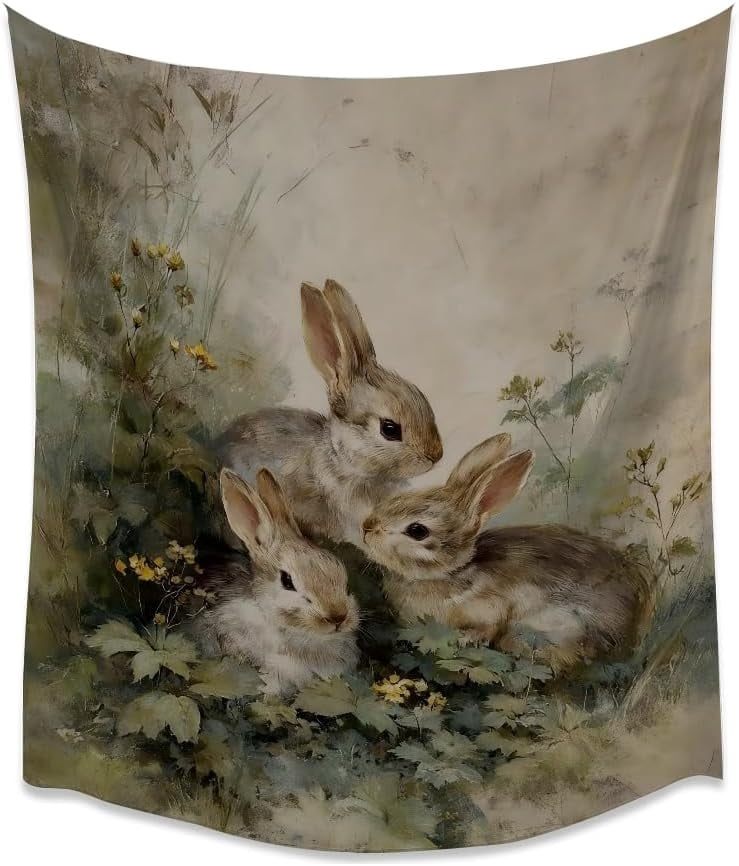 Retro Spring Rabbit Flowers Wall Tapestry Moody Rustic Easter Bunny ...