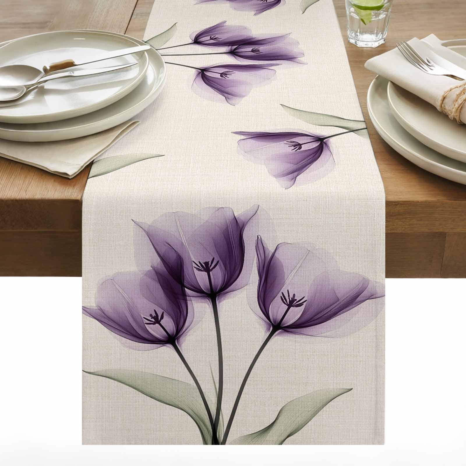 Retro Spring Table Runner 13x72 inch Purple Tulip Flower Leaf Beige ...