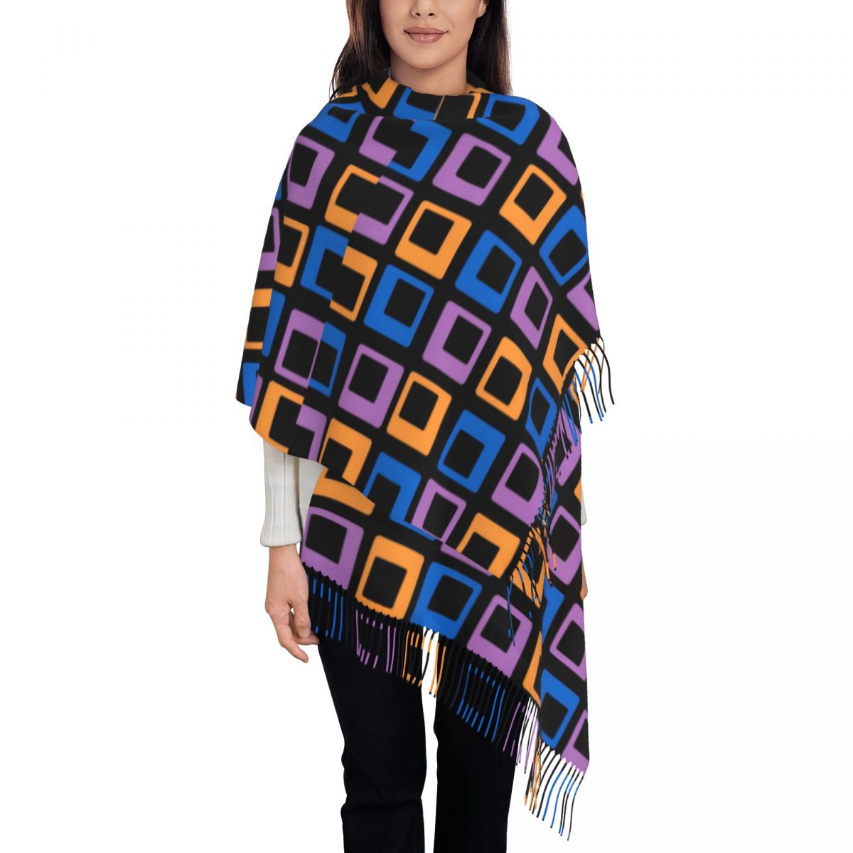 Retro Square Print Scarf with Tassel Blue Circles Warm Shawls Wrpas ...