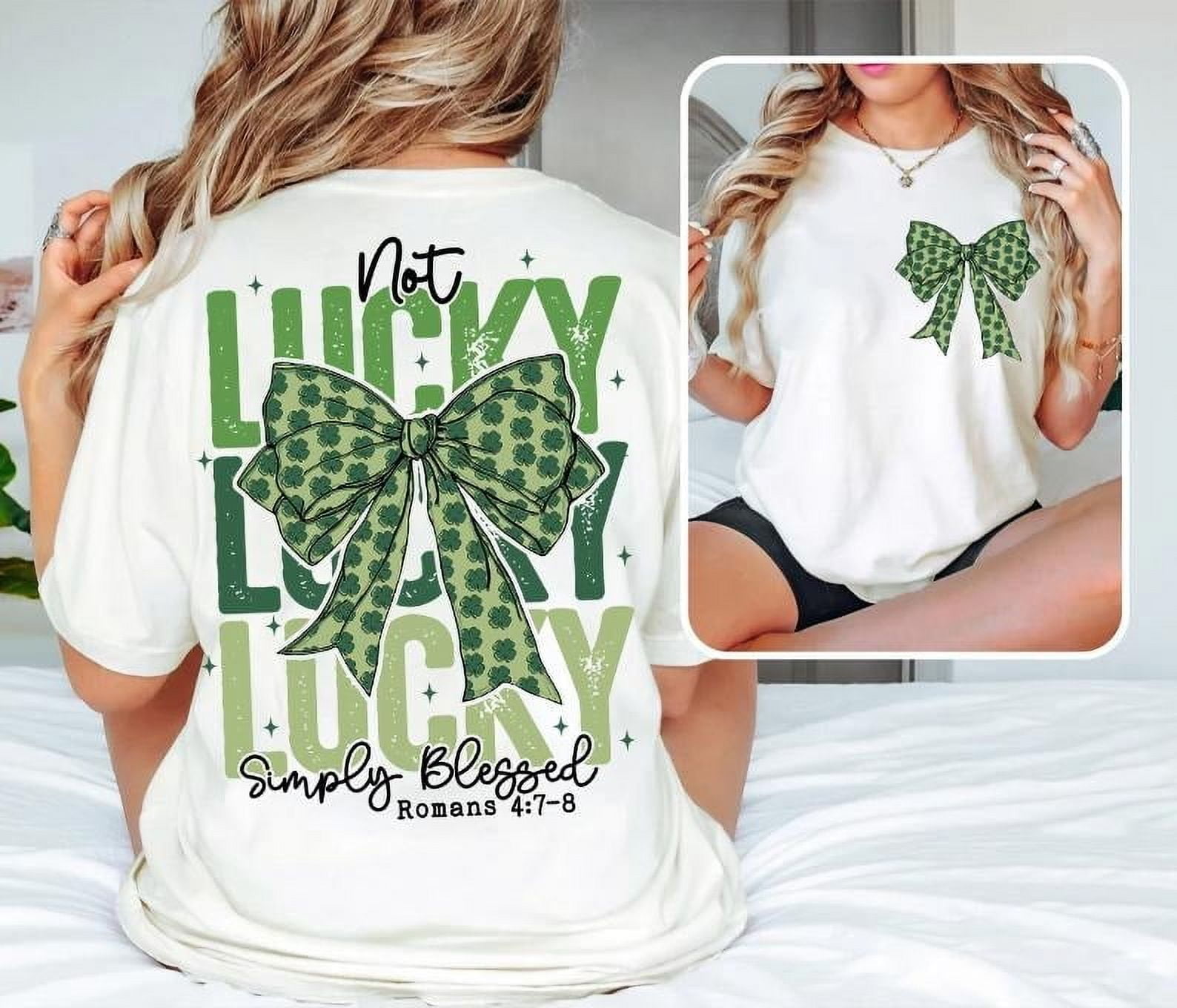 Retro St. Patrick’s Day Bow Shirt, Not Lucky, Simply Blessed Roman 4:7-8, Bible Verse Tee, Cross ...
