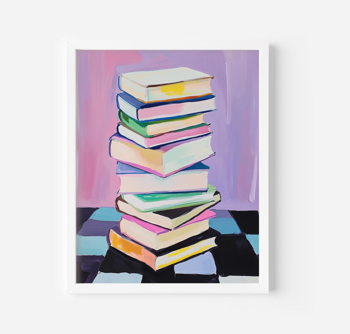 Retro Stack of Books Poster Book Nook Wall Art , Bookworm Poster ...