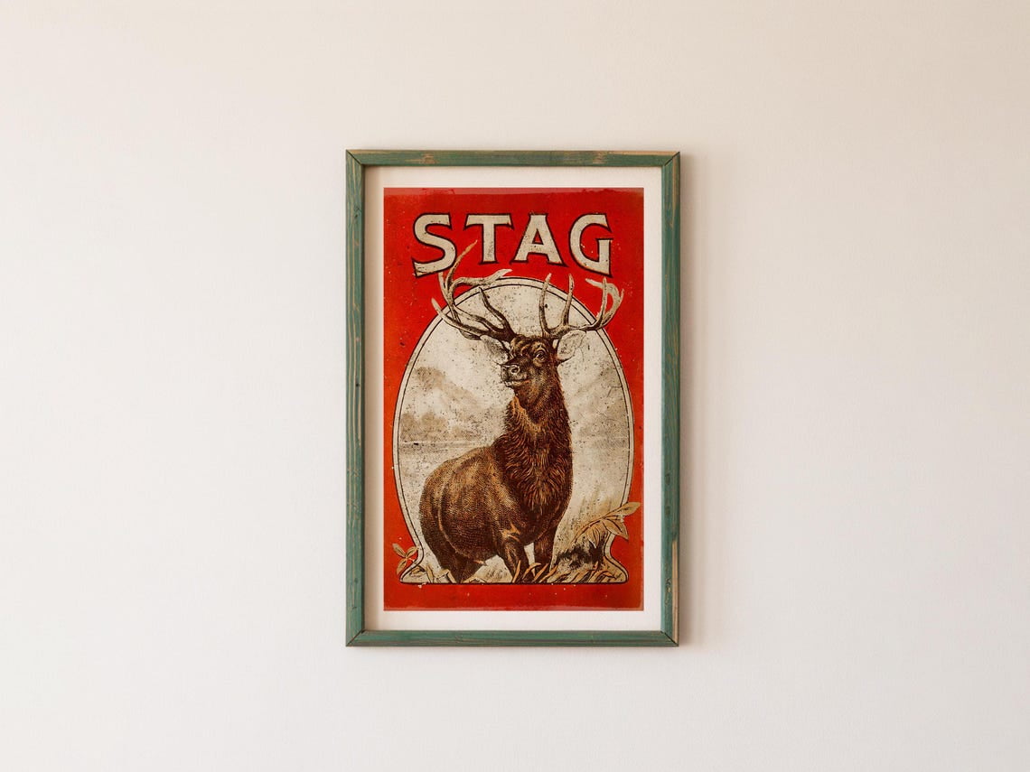 Retro Stag Print Gift For Hunter Outdoors Art Red Stag Poster Retro ...